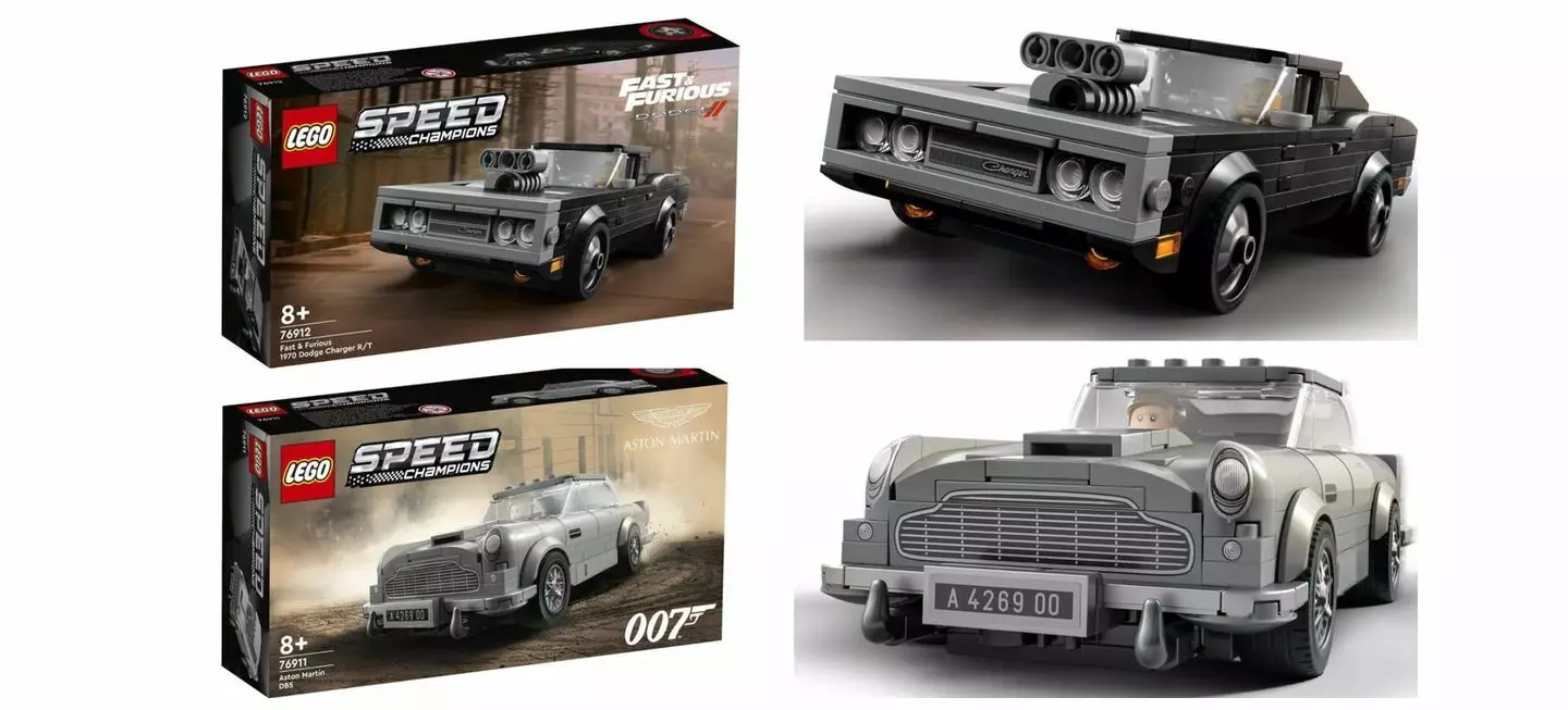 Aston Martin James Bond ak Dodge Charger "Full Throttle" rive nan garaj LEGO Speed Champions